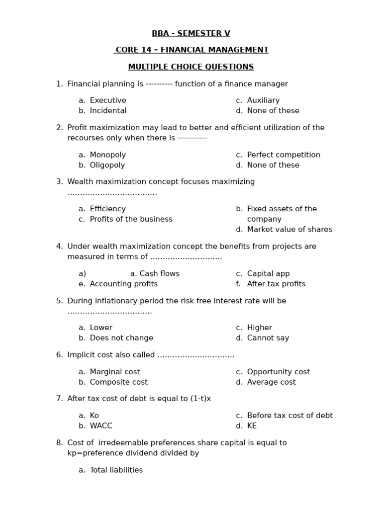 Financial Management MCQs for BBA V | PDF | Preferred Stock | Bonds ...
