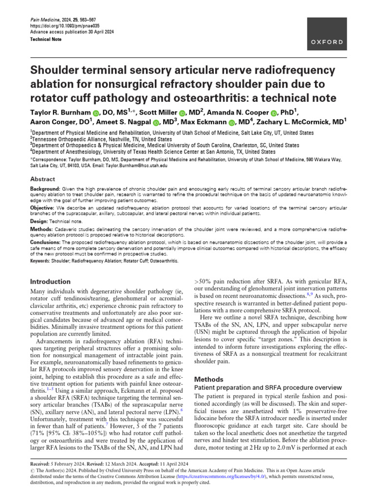 Shoulder Terminal Sensory Articular Nerve Radiofrequency Ablation For ...