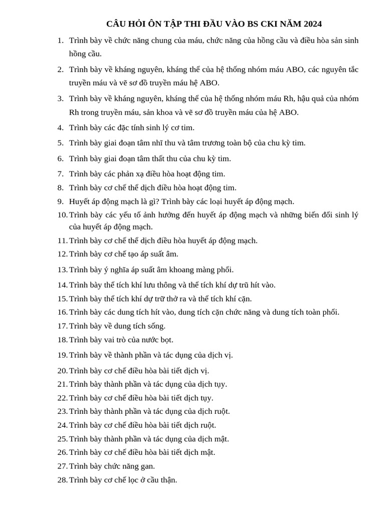 CÂU HỎI ÔN TẬP CKI đợt 2 2024 nộp dtao | PDF