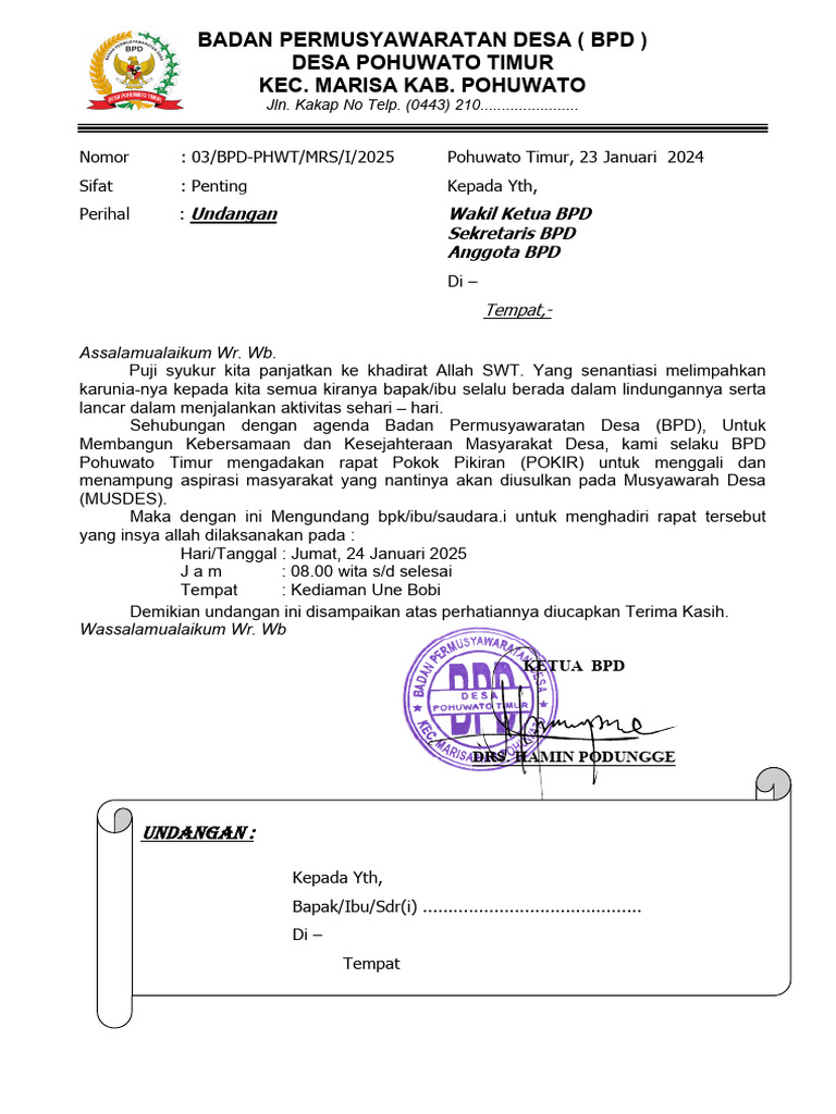 Undangan Rapat BPD Pohuwato Timur | PDF
