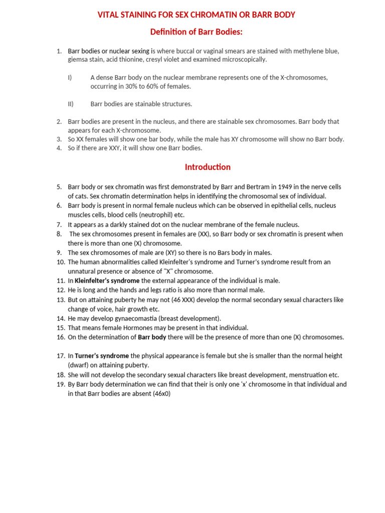 Vital Staining For Sex Chromatin Or Barr Body Unit V Last Topic Pdf Staining Genetics