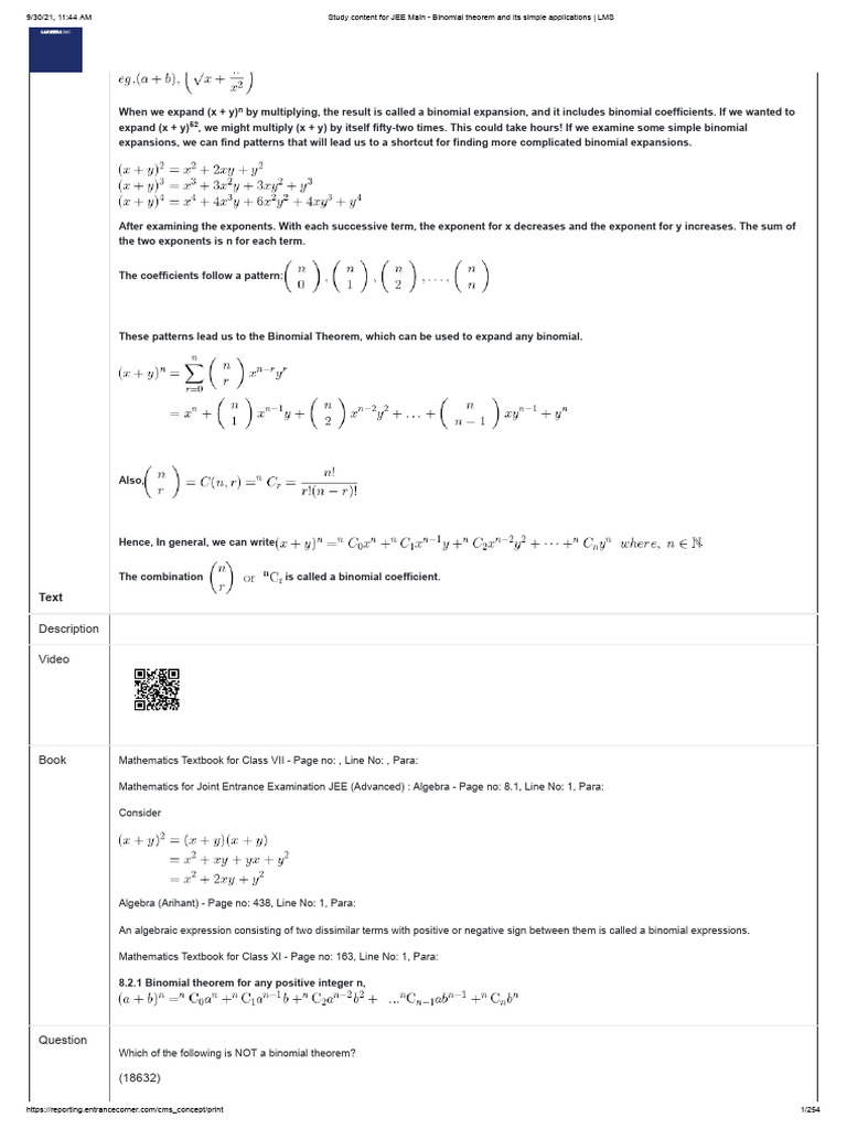 Binomial Theorem and Its Simple Applications | PDF | Summation | Exponentiation