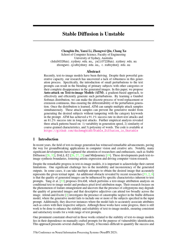 NeurIPS 2023 Stable Diffusion Is Unstable Paper Conference | PDF | Artificial Intelligence ...