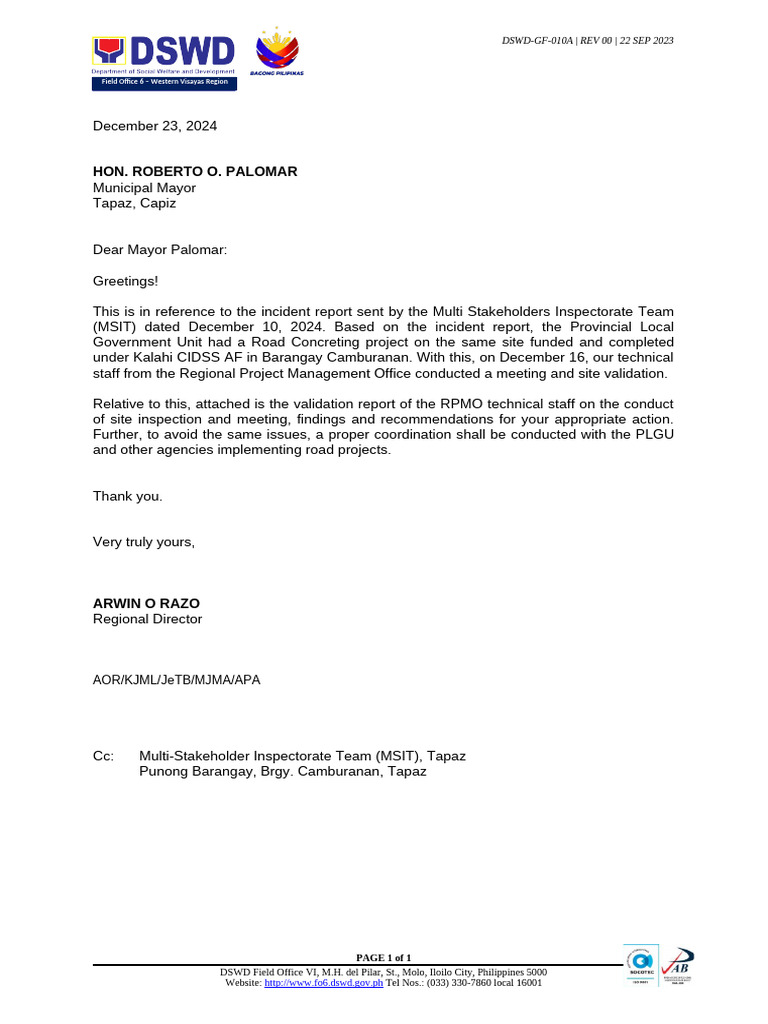 Formal Letter For Addresing Concerns On Project Construction | PDF