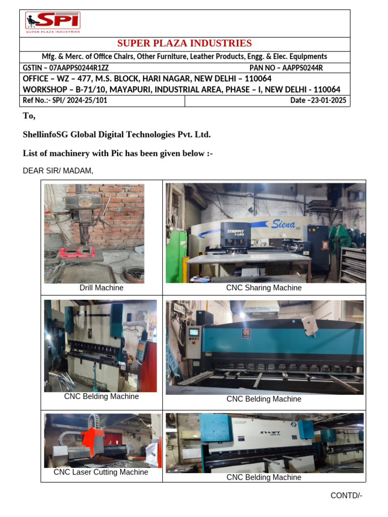 Spi-101 List of Machinery | PDF