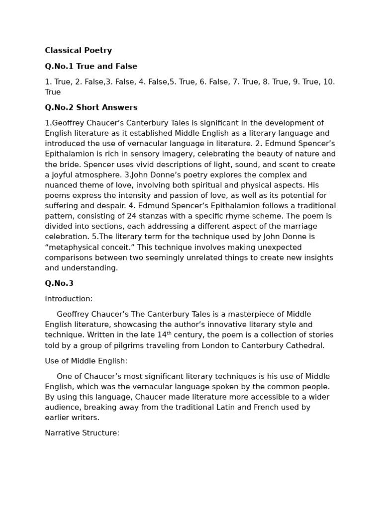 Classical Poetry Q.No.1 True and False | PDF | Poetry | The Canterbury ...
