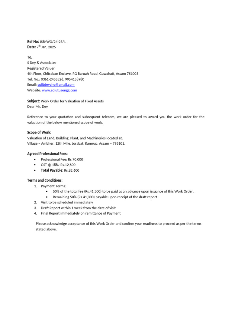 S Dey Work Order JSB | PDF