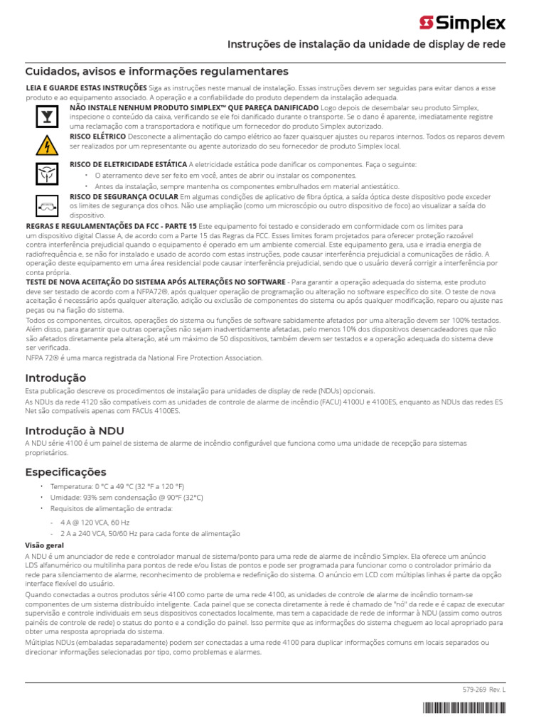 Manual de Instalação Display de Rede (NDU) - Central 4100ES | PDF ...