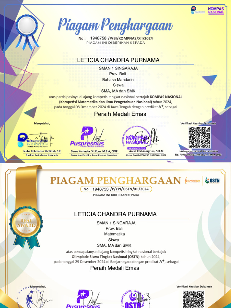 Piagam Penghargaan Leticia | PDF