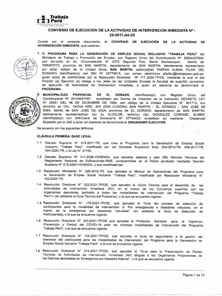 CONVENIO TRABAJA PERU - FEBRERO.pdf | PDF