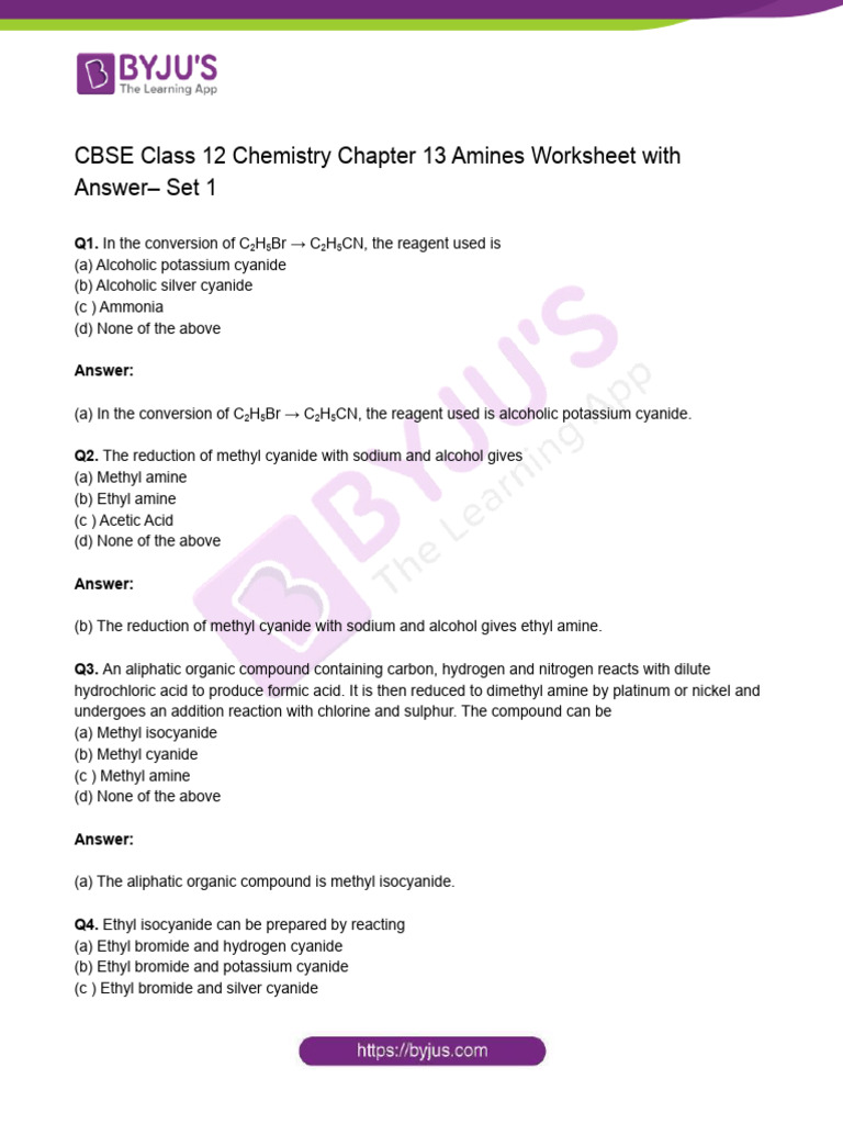 CBSE Class 12 Chemistry Chapter 13 Amines Worksheet With Answer - Set 1 | PDF | Amine | Organic ...