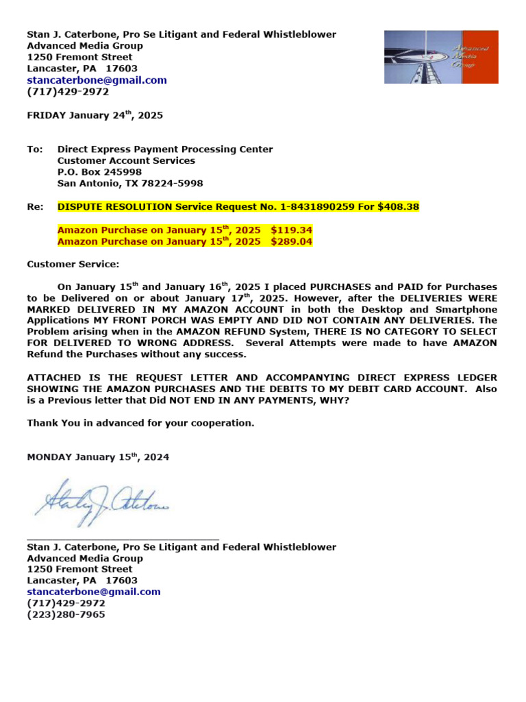 Friday January 24th, 2025 Stan J. Caterbone Letter To Direct Express Re ...