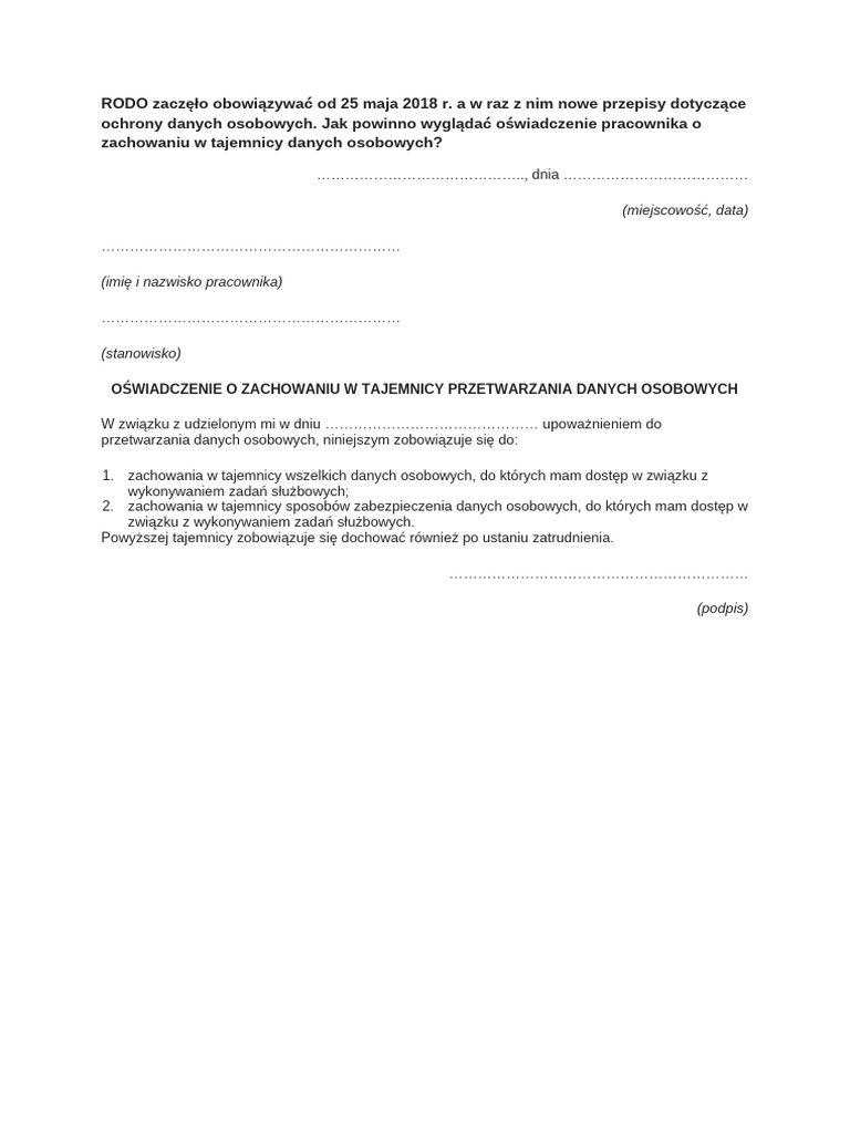 Oświadczenie o tajemnicy danych RODO (1) | PDF