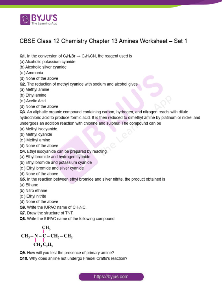 CBSE Class 12 Chemistry Chapter 13 Amines Worksheet – Set 1.Docx | PDF