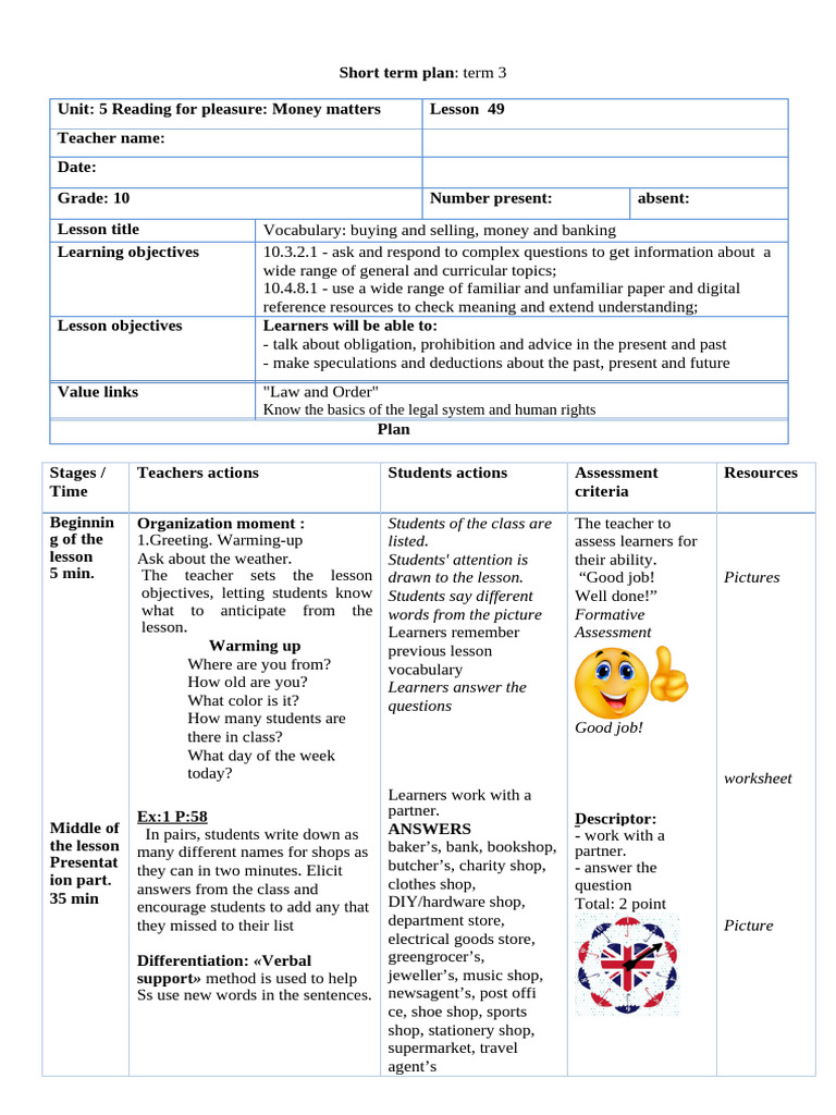 Term 3 Lesson Plan: Money Matters | PDF | Vocabulary | Question