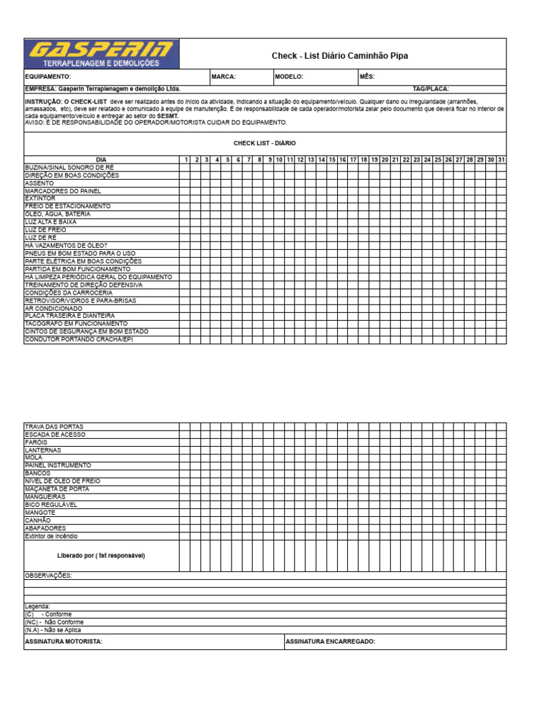 Checklist Diario Caminhão Pipa - Plan1 | PDF