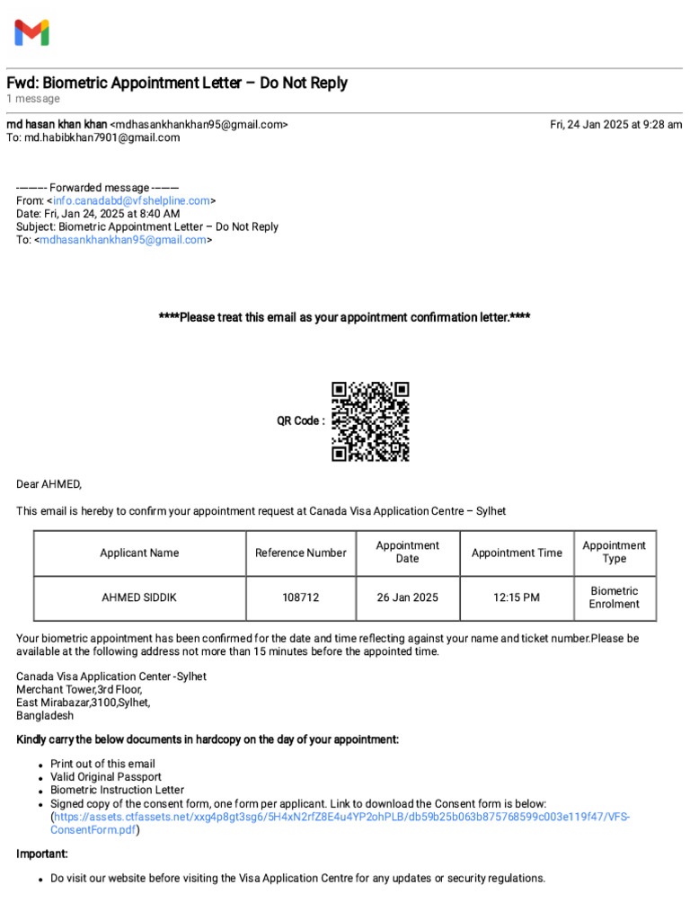 Gmail - FWD - Biometric Appointment Letter - Do Not Reply SIDDIK | PDF ...