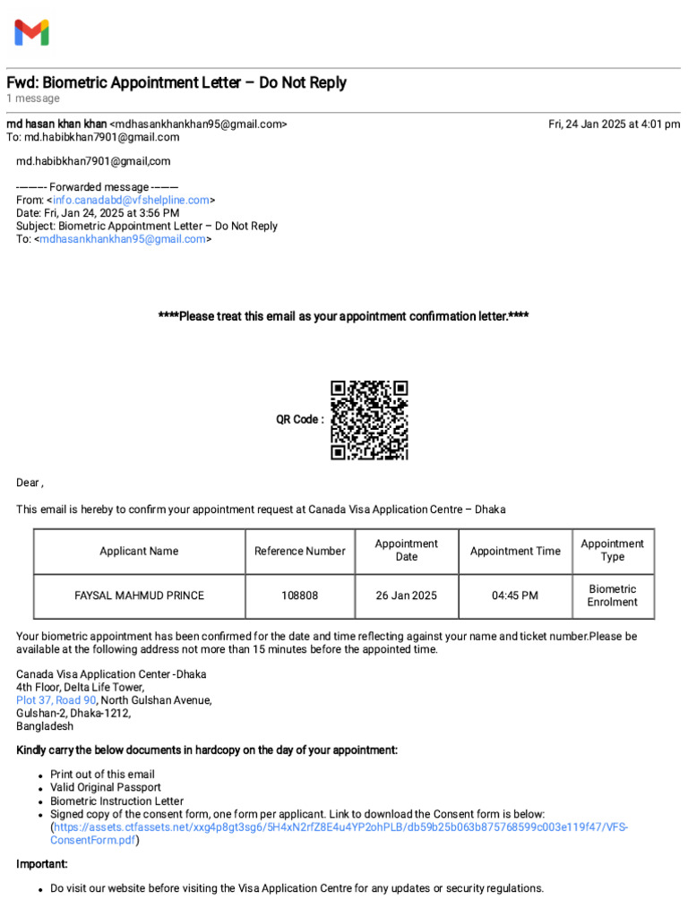 Gmail - FWD - Biometric Appointment Letter - Do Not Reply Prince | PDF ...