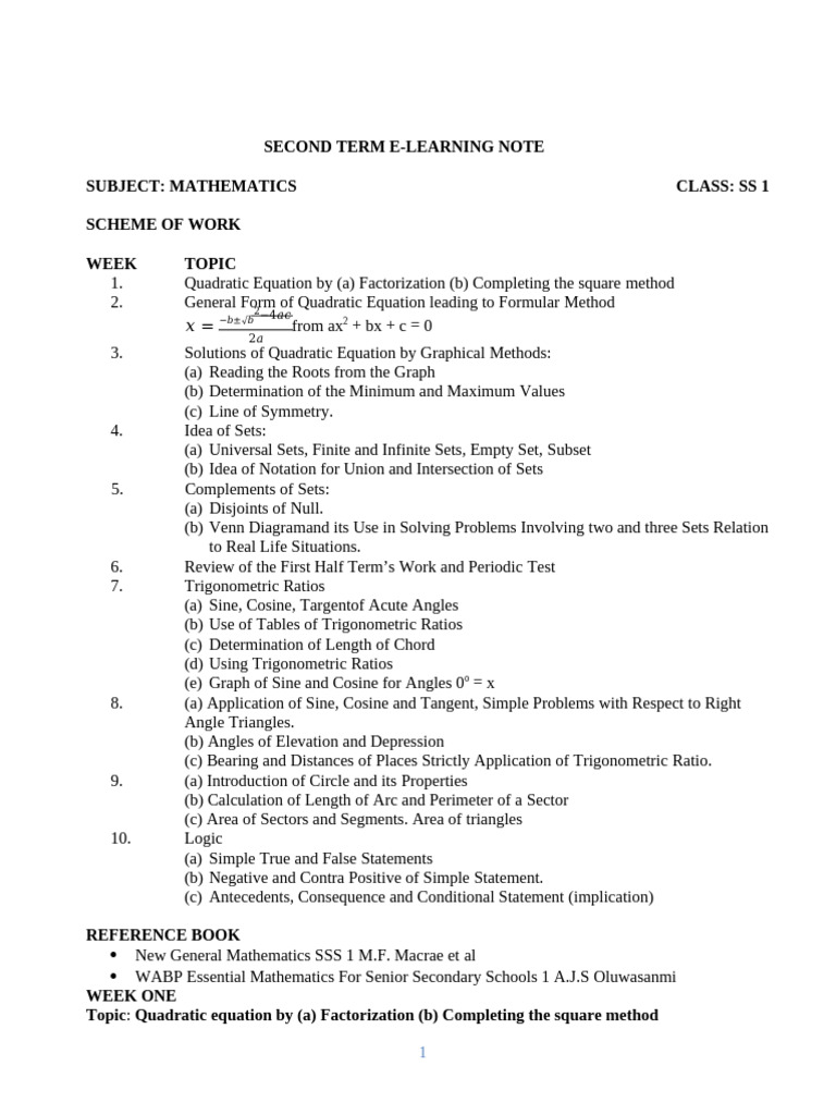 2ND Term SS1 Mathematics | PDF | Trigonometric Functions | Quadratic ...