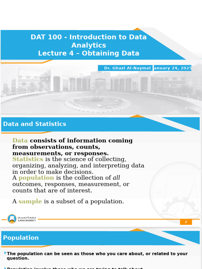 DAT100_Int_Data_Ana_Lec4_Obtaining_Data | PDF | Sampling (Statistics) | Statistics