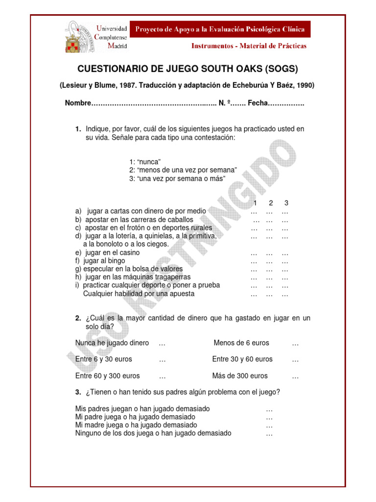 Cuestionario SOGS para Evaluar Problemas de Juego | PDF | Cheque | Bancos