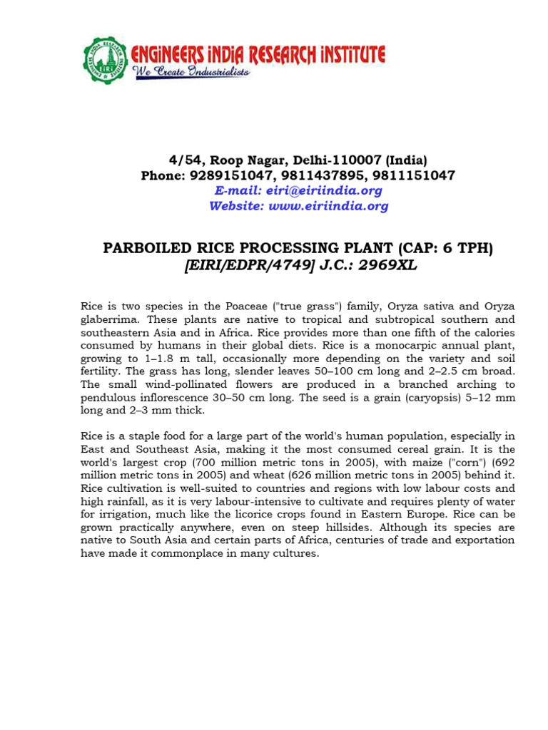 Parboiled Rice Processing Plant Cost | PDF | Rice | Cereals