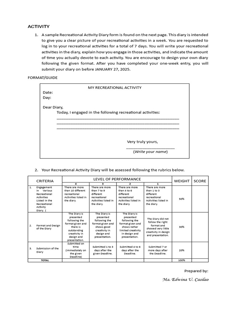 Recreational Activity Diary Instruction | PDF