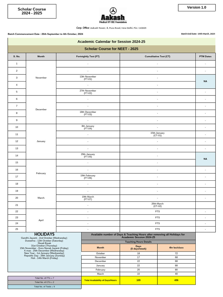 Scholar Course For NEET-2025 - Academic Calendar | PDF