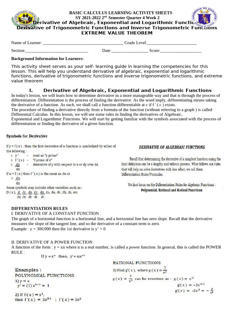 Basic Calculus Q4 Week 2 LAS Final | PDF | Trigonometric Functions | Function (Mathematics)