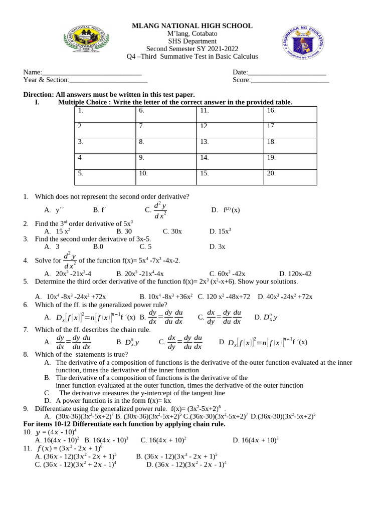 Q4 Basic Calculus 3rd Summatiuve Test | PDF | Derivative | Mathematical ...
