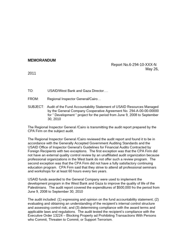 Sample Recommendation Memo | PDF | Audit | United States Agency For ...