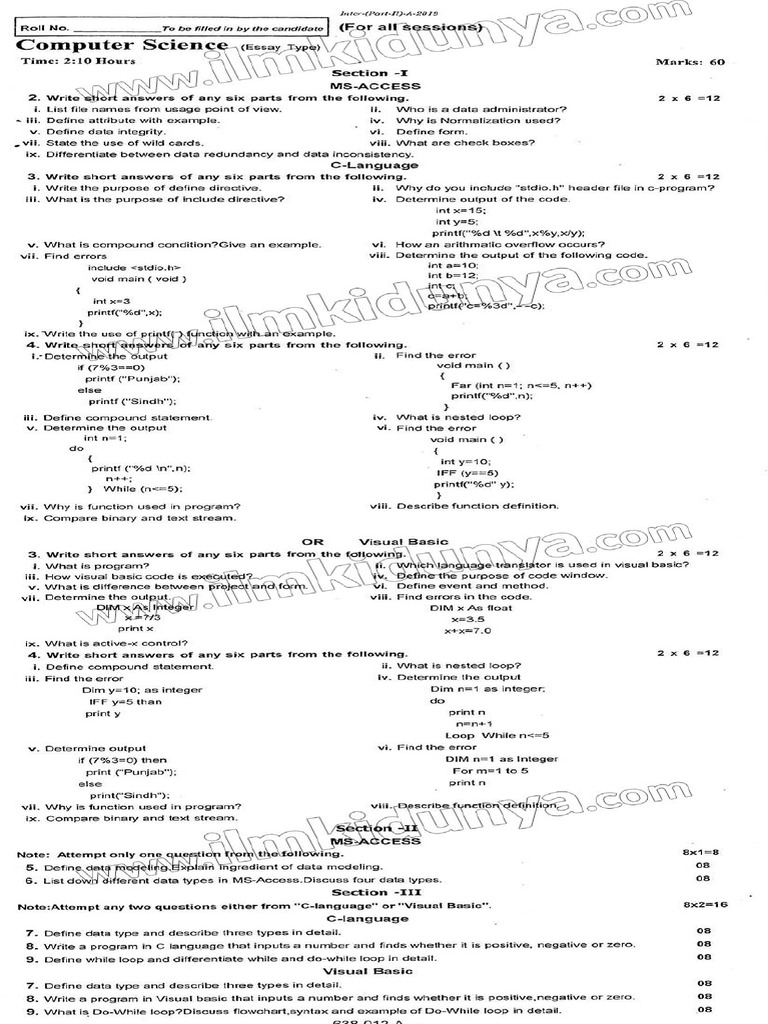 Past Paper 12th Class Rawalpindi Board Computer Science Subjective 2019 | PDF