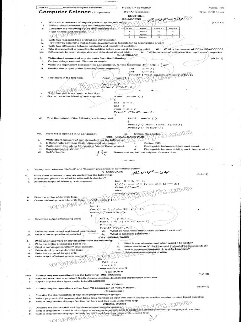 Past Paper 2024 Rawalpindi Board Class 12th Computer Science Subjective ...