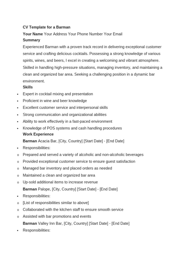 CV Template For A Barman | PDF | Bartender
