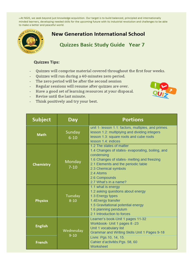 Year 7 Study Guide: Quizzes Overview | PDF | Worksheet | Physical Sciences
