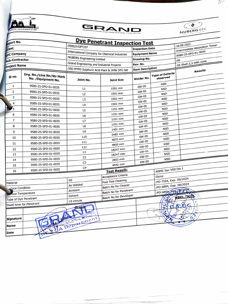 Dye Penetrant Inspection Report | PDF | Steel | Welding