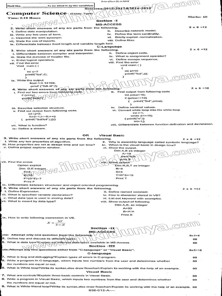 Past Paper 12th Class Rawalpindi Board Computer Science Subjective 2018 ...