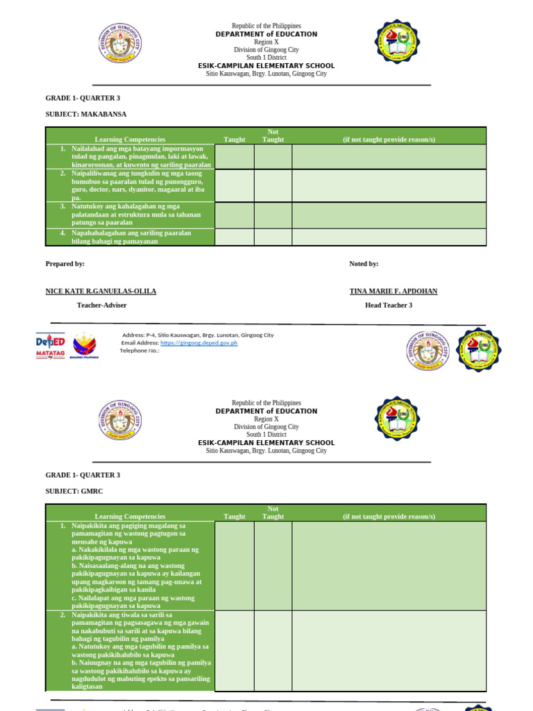 Tracking of Taught Competencies GRADE 1 Q2 | PDF