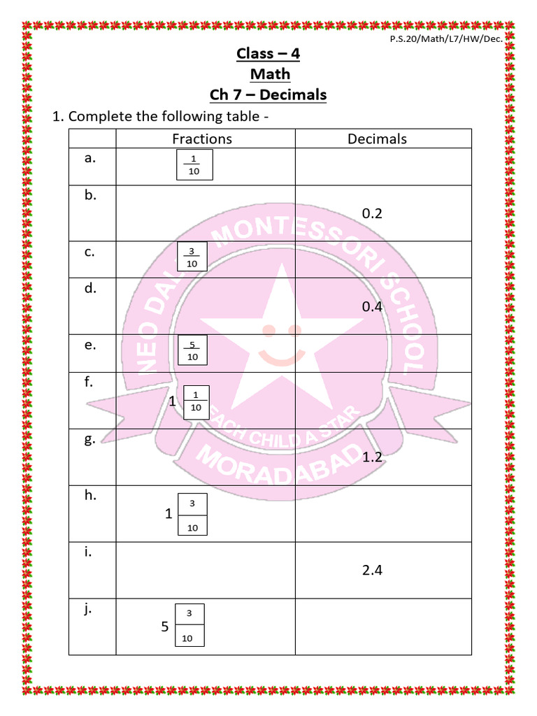 P.S.20.Math.L7.HW - Dec. Decimals | PDF | Decimal | Arithmetic