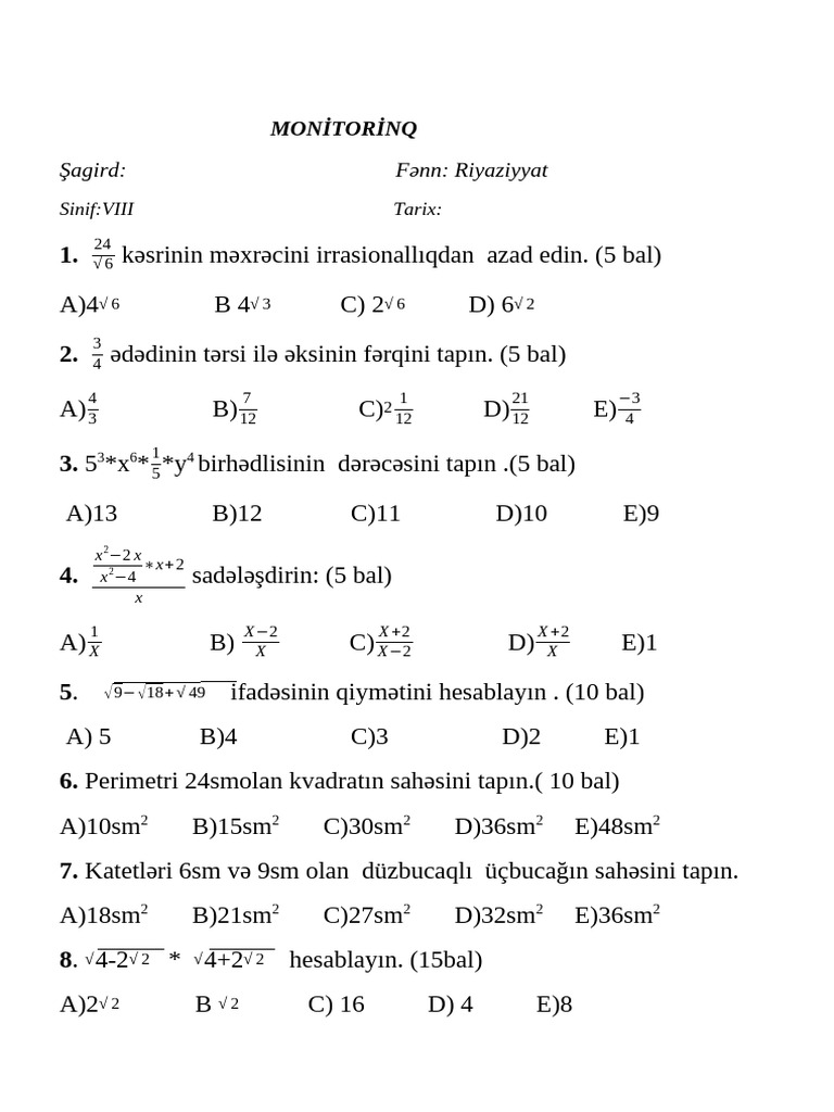 8 Sinif (Monitorinq) | PDF