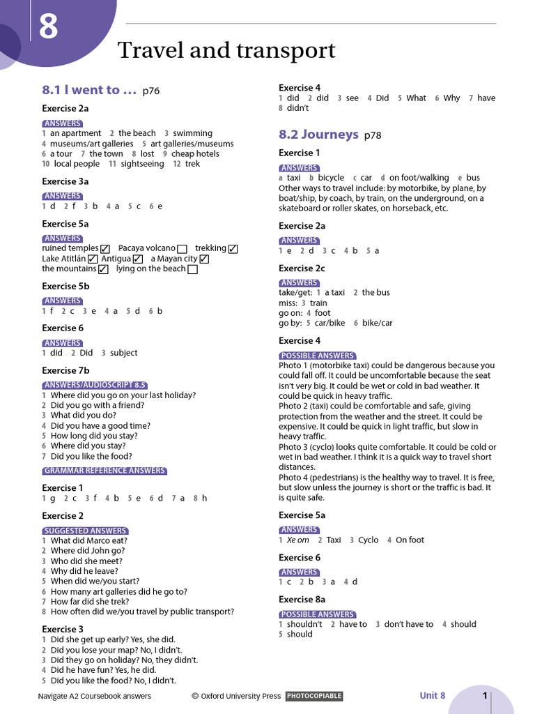 Navigate A2 Coursebook Unit 8 Answer Key | PDF | Transport