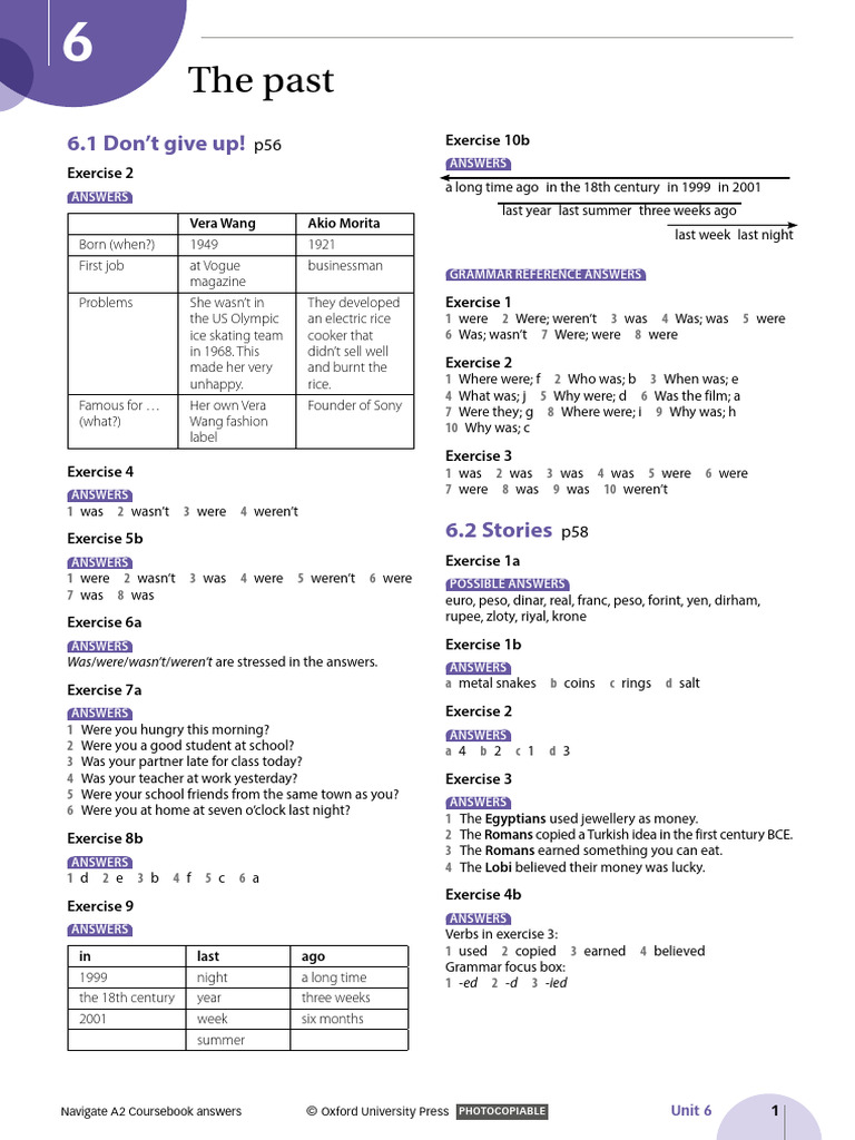 Navigate A2 Coursebook Unit 6 Answer Key | PDF | Linguistics