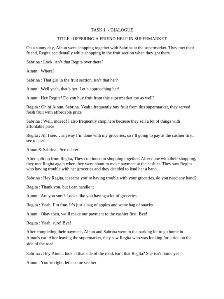 TASK 1 - OFFERING DIALOGUE (W Narration) | PDF | Grocery Store