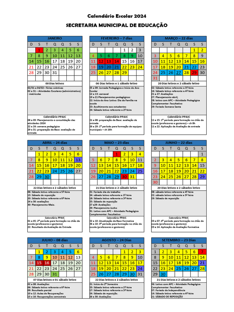Calendário Escolar 2024: Dias Letivos e Feriados | PDF