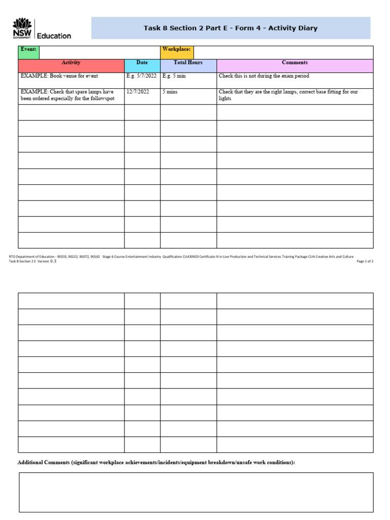 Task 8 Section 2 Part E - Form 4 - Activity Diary | PDF