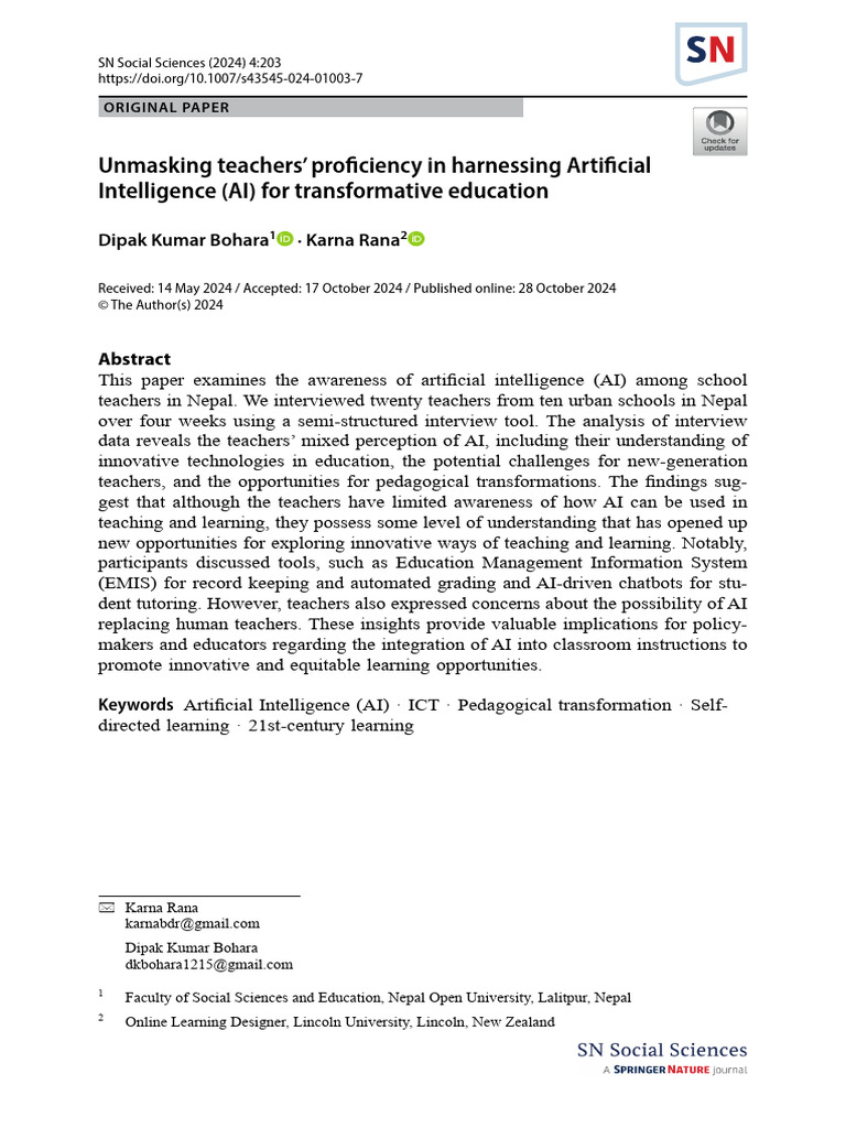 Bohara and Rana - 2024 - Unmasking Teachers' Proficiency in Harnessing Arti | PDF | Artificial ...