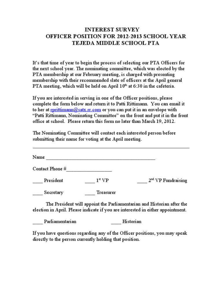 TMS PTA Interest Survey and Job Description 2012-2013 | PDF | Vice ...