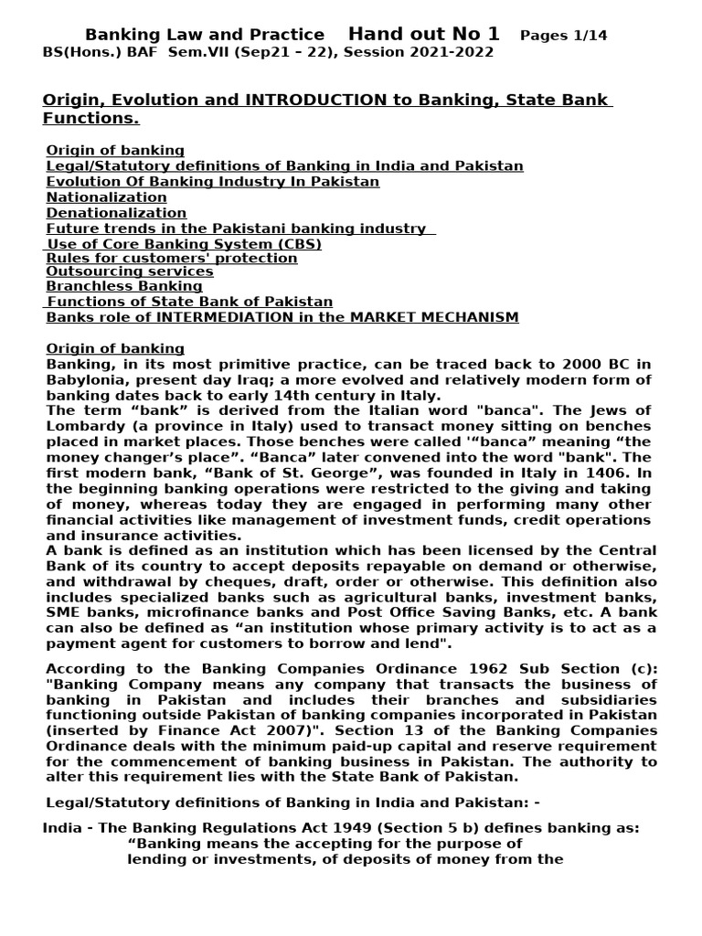 Hand Out 1 Origin and Introduction Banking | PDF | Banks | Special Drawing Rights