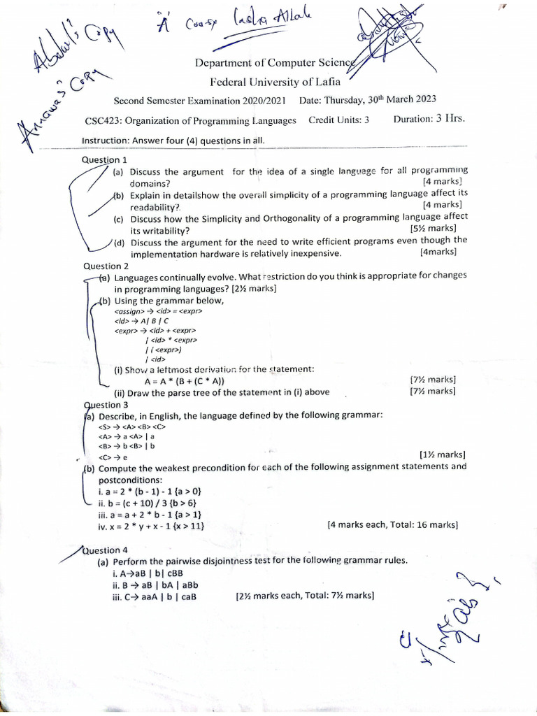 CSC423 - Organization of Programming Languages | PDF