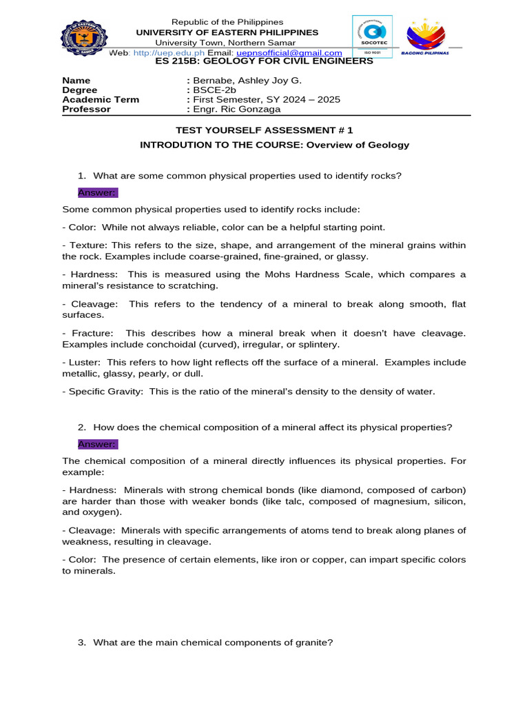 Self-Assessment 1 - G2-Rocks and Types of Minerals | PDF | Minerals ...